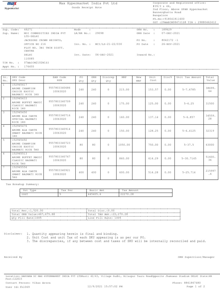 Receipt of Basmati Rice Shipment from Moi Commodities India Pvt Ltd ...