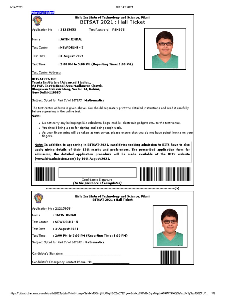 BITSAT 2021: Hall Ticket: Print Hallticket | PDF | Identity Document ...