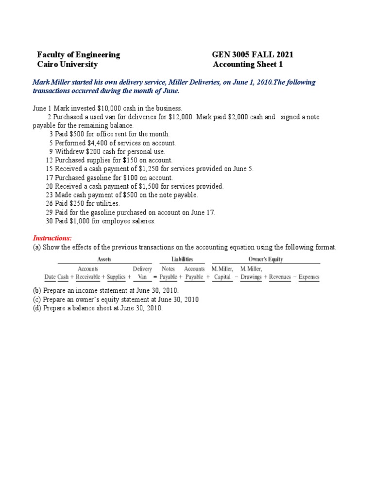 Accounting Sheet 1 + Model Answer | PDF | Equity (Finance) | Balance Sheet