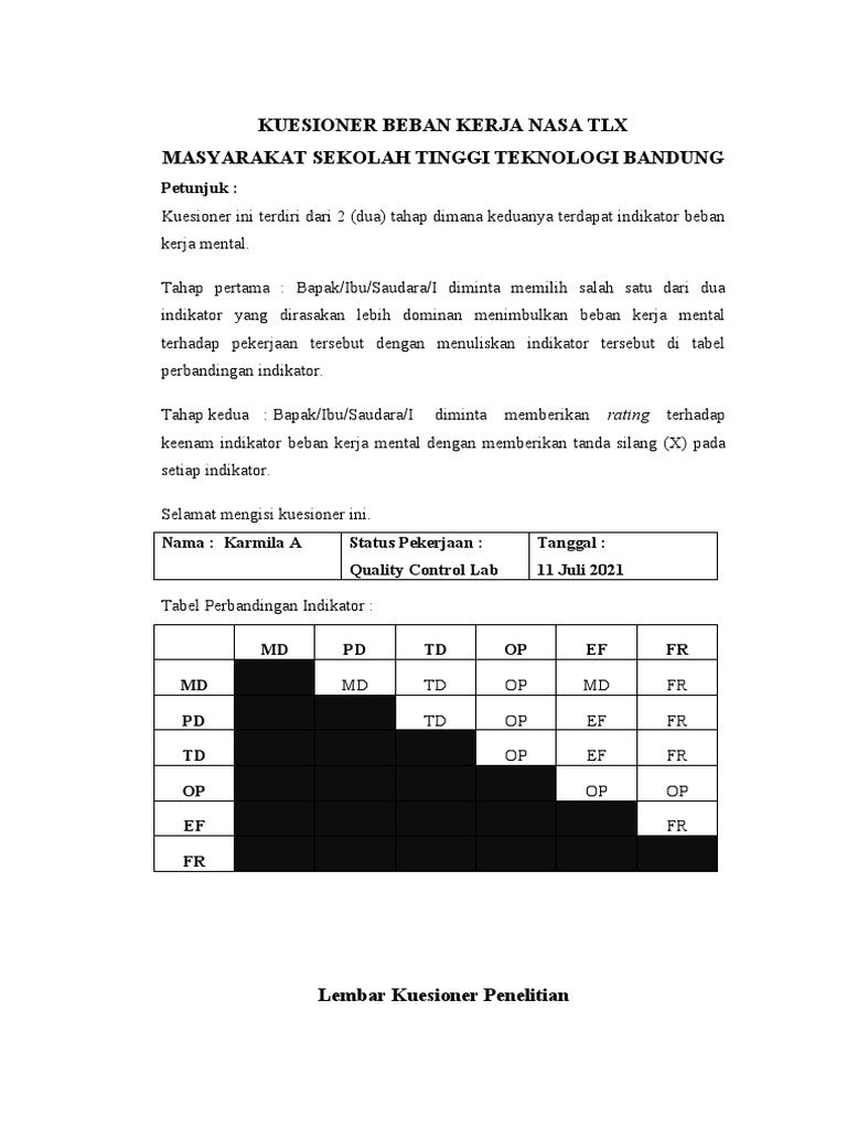 Kuesioner Nasa TLX (Responden 1-3) | PDF