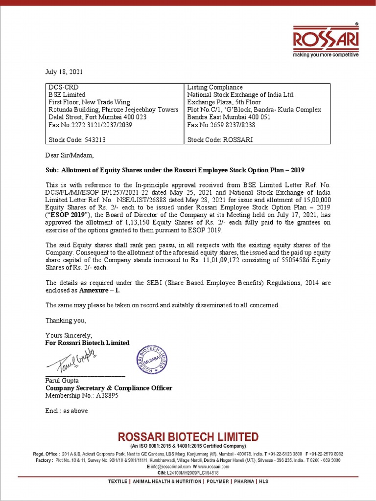 Intimation of Allotment Under ESOP Scheme 17th July 2021 | PDF | Stocks ...