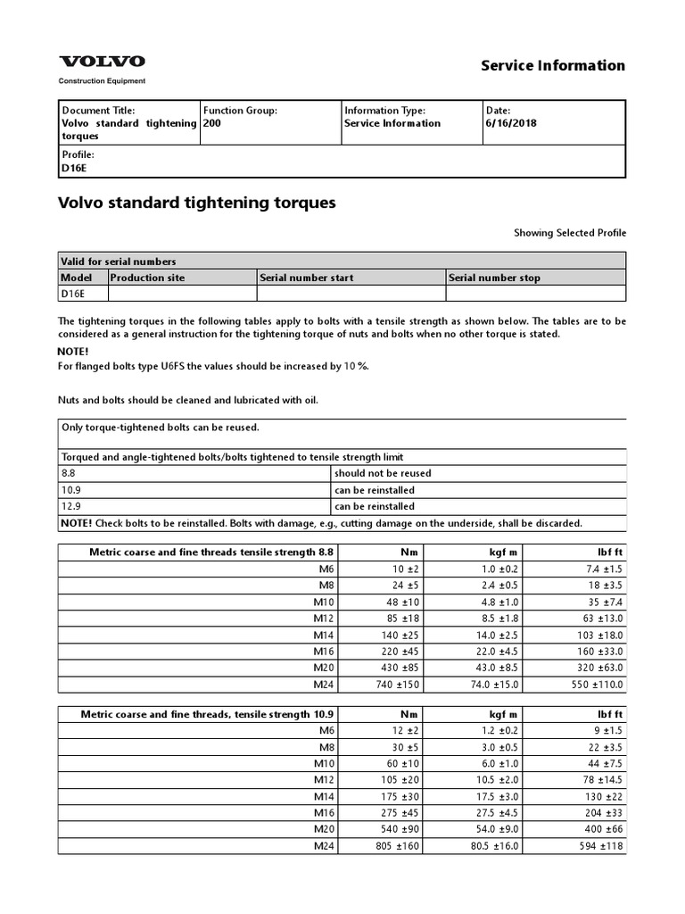 Volvo Standard Tightening Torques: Service Information | PDF | Screw ...