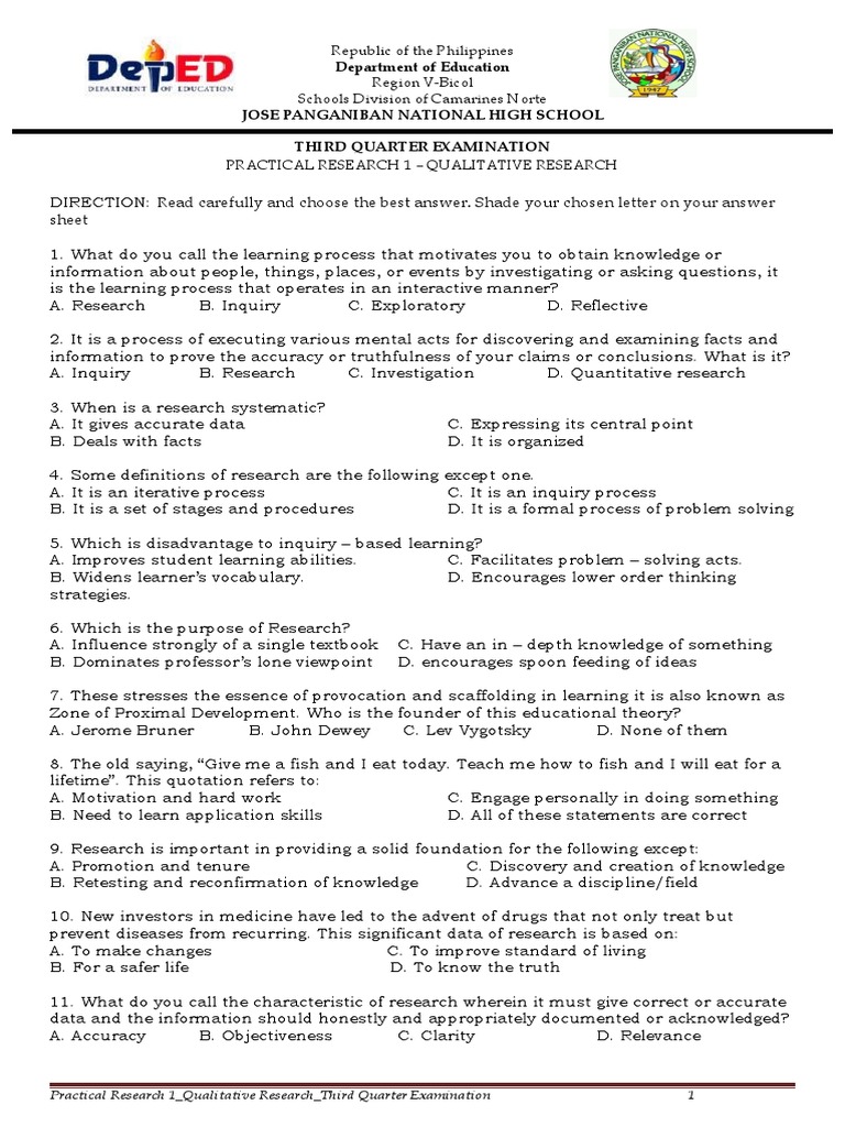 3rd Quarter Examination - PR1 Test Paper | PDF | Qualitative Research ...