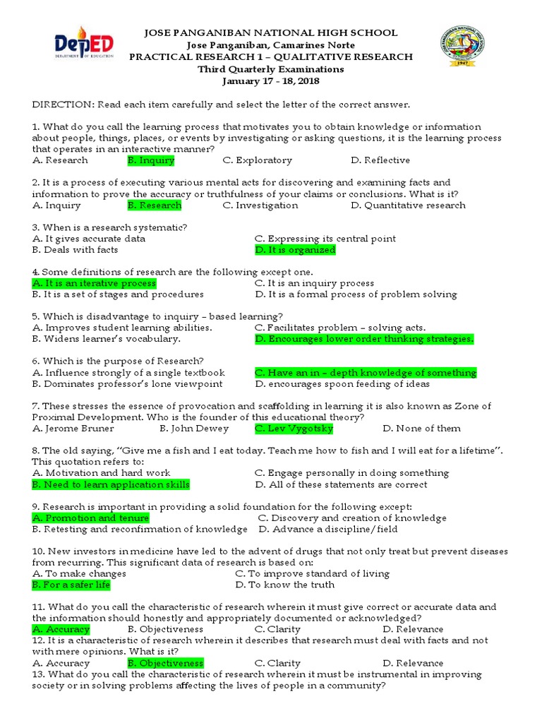 3rd Exam Pr1 2019 (Answer Key) | PDF | Qualitative Research | Science