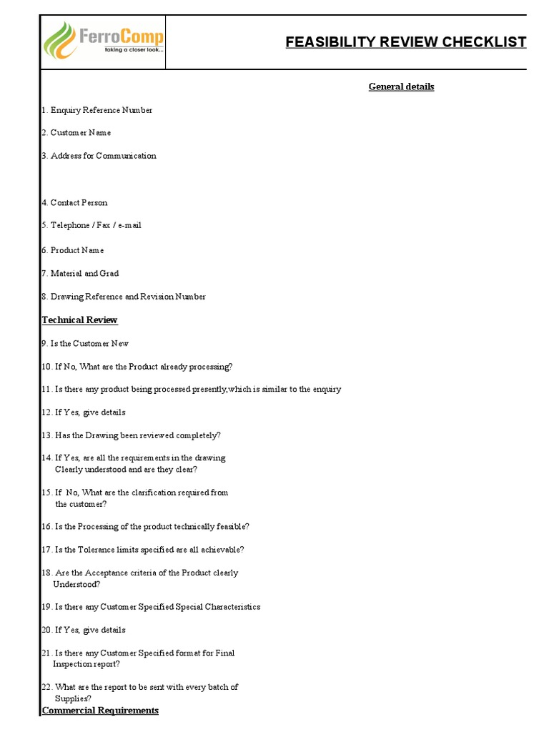 Feasibility Review Checklist: General Details | PDF