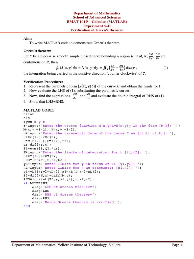 Department of Mathematics School of Advanced Sciences BMAT 101P - Calculus (MATLAB) Experiment 5 ...