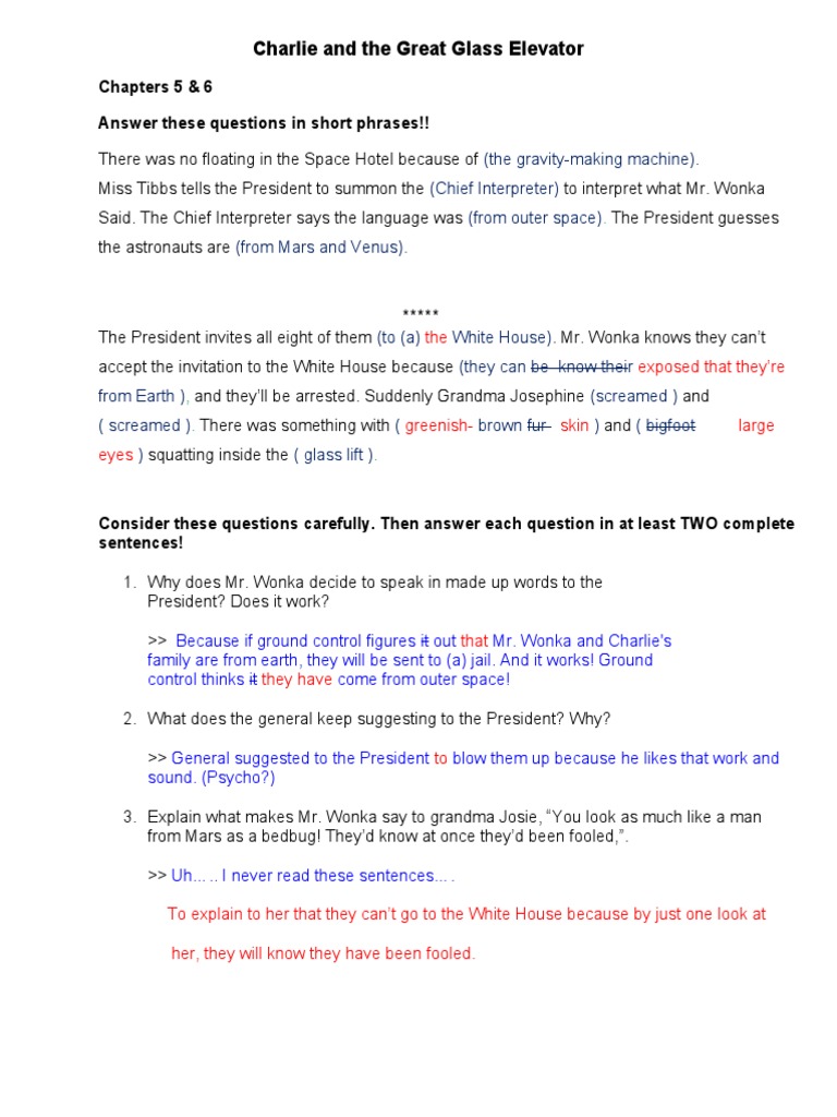 Charlie and The Great Glass Elevator Compre and Vocab 5-6 | PDF
