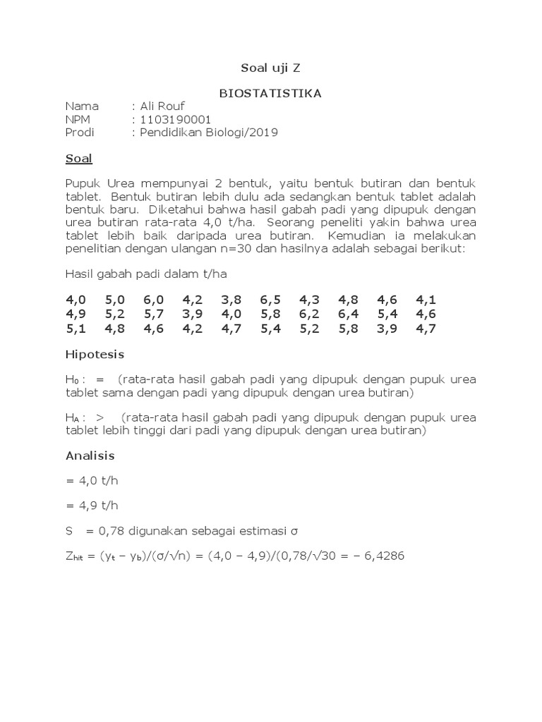 Soal Uji Z | PDF | Metode & Bahan Ajar | Kesehatan Holistik