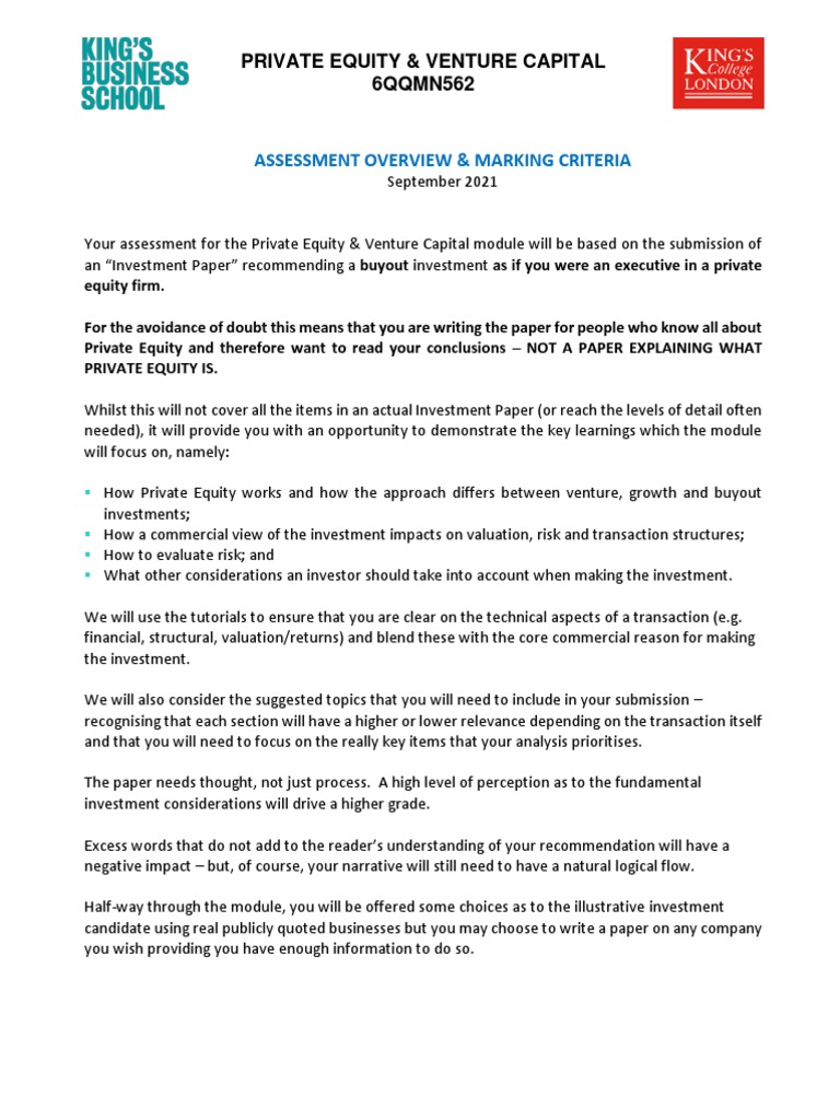 2021 09 Private Equity Venture Capital (6QQMN562) - Assessment Overview ...