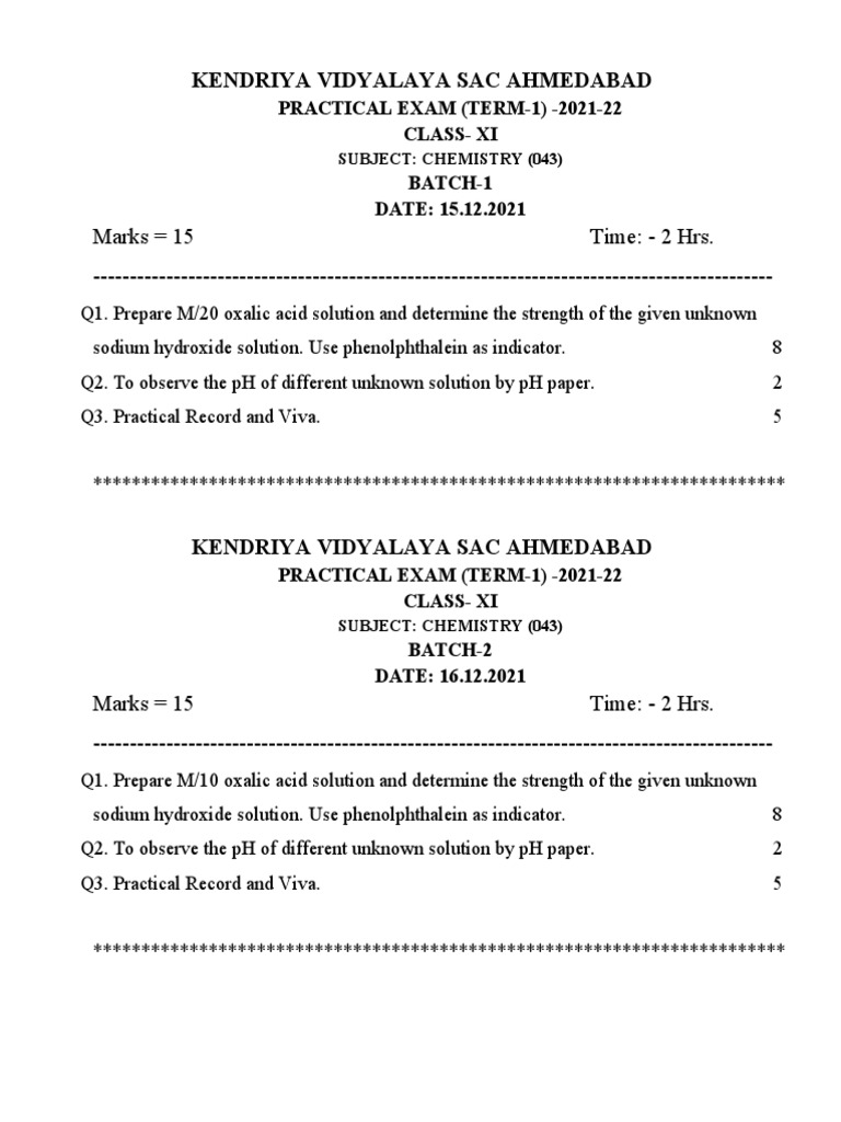 KV SAC AHMEDABAD CLASS XI CHEMISTRY PRACTICAL EXAM BATCH 1 & 2 | PDF