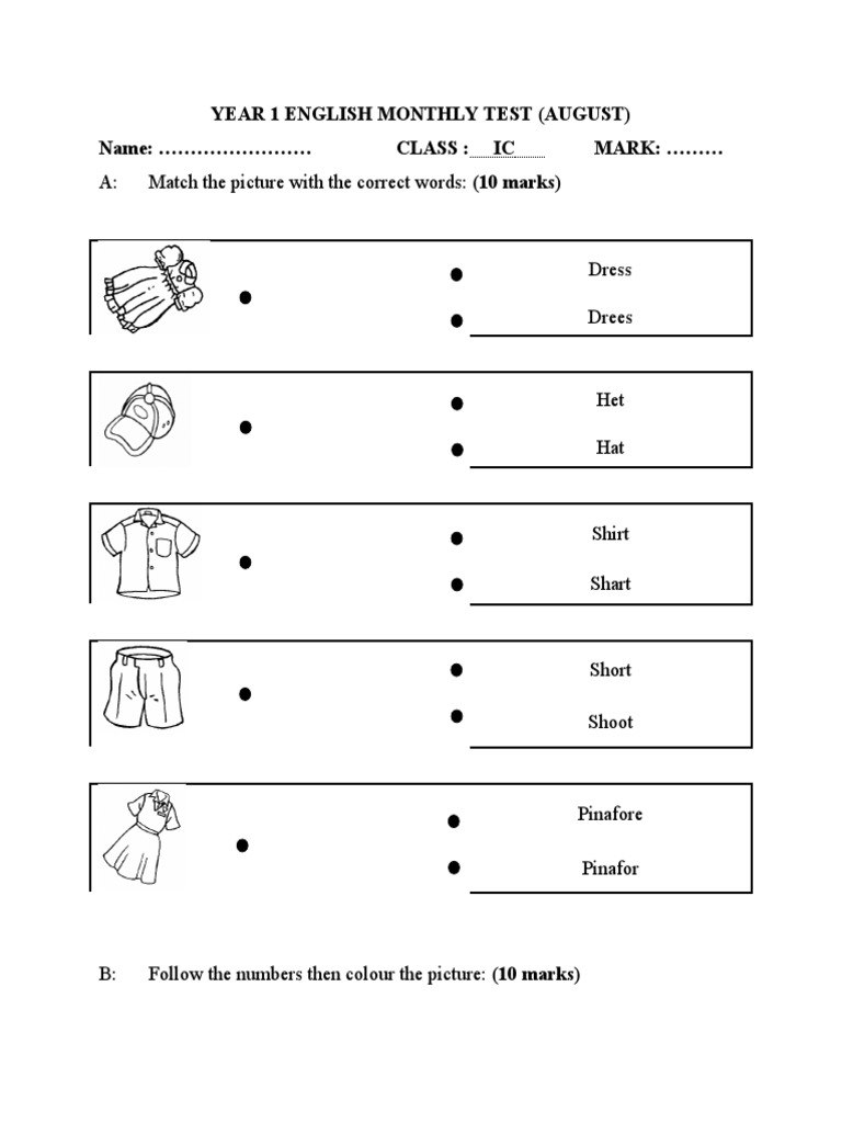 English Year1 Monthly Test August (1C) | PDF