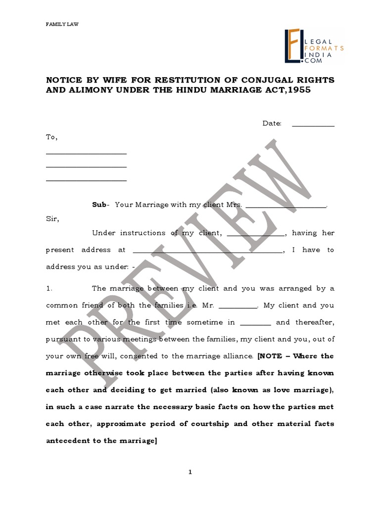 Notice For Restitution of Conjugal Rigthts by Wife-Sample | PDF ...