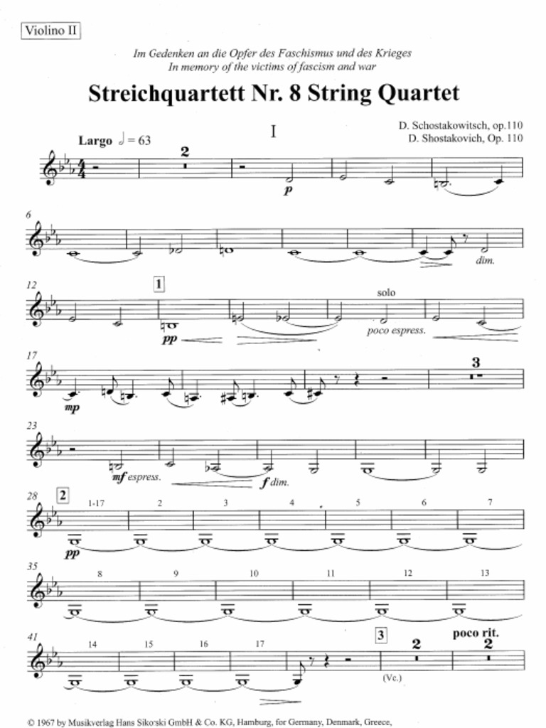 Shostakovich - String Quartet Nº8 Op.110 (Ed - Sikorski) (Partichelas) - Violin II | PDF