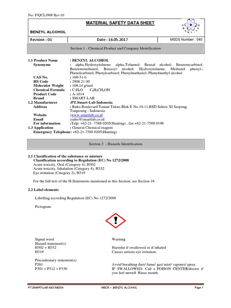 Msds Benzyl Alcohol | PDF | Toxicity | Dangerous Goods