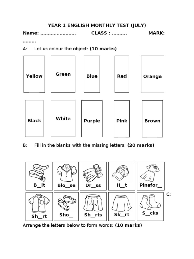 Year 1 July English Test | PDF | Color
