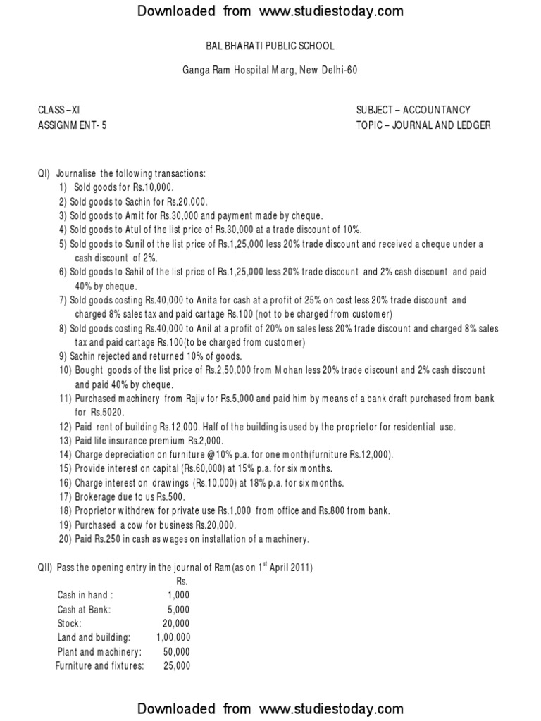CBSE Class 11 Accountancy Journal and Ledger Worksheet Set A | PDF ...