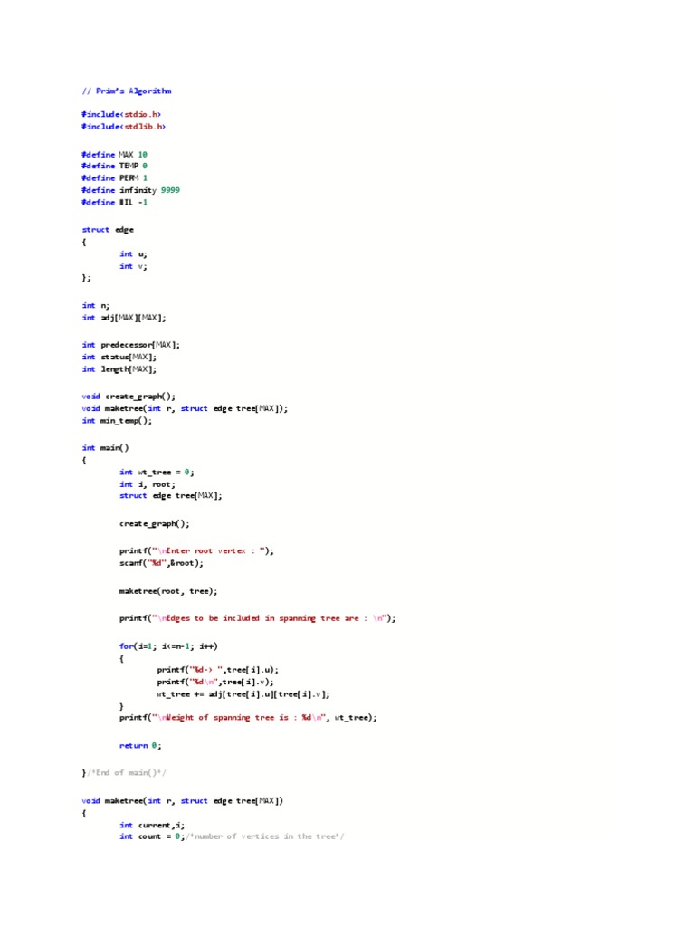Stdio.h Stdlib.h: // Prim's Algorithm #Include #Include | PDF | Applied ...