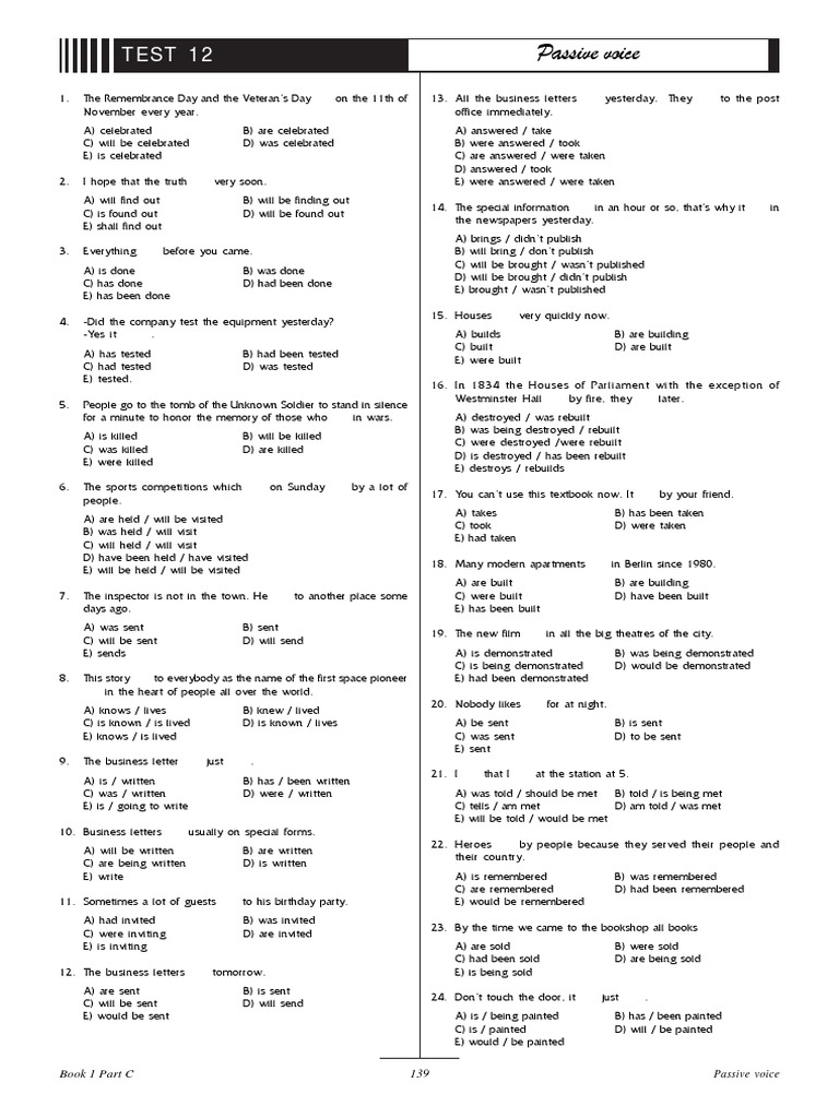 Passive Voice Test with Answers | PDF