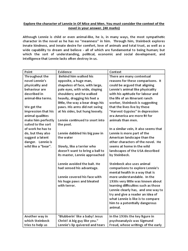 Lennie's Character in Of Mice and Men | PDF | Psychology