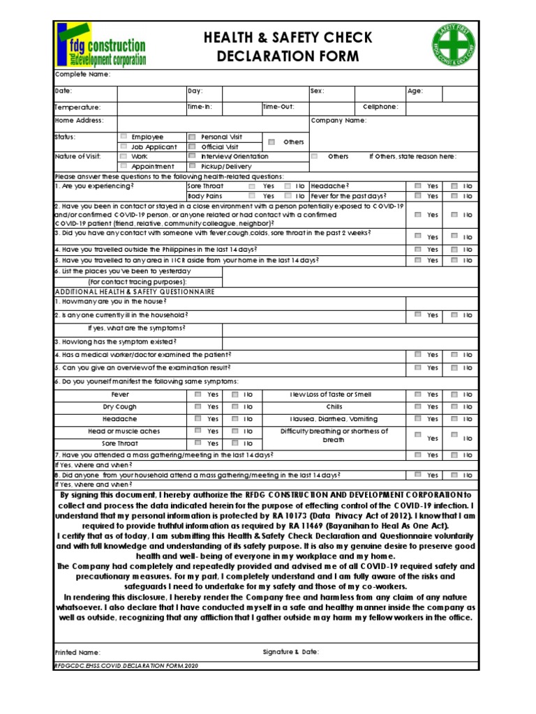 Health & Safety Check Declaration Form: Temperature | PDF | Common Cold ...