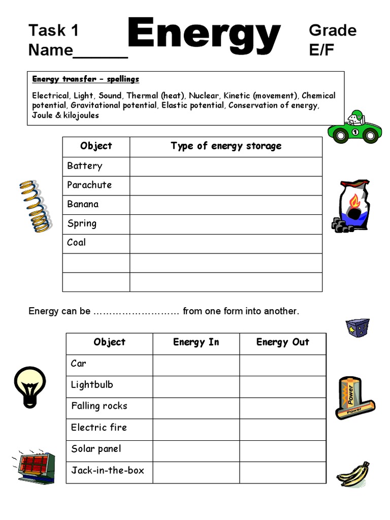 Energy Transfers Worksheet Task 1 | PDF