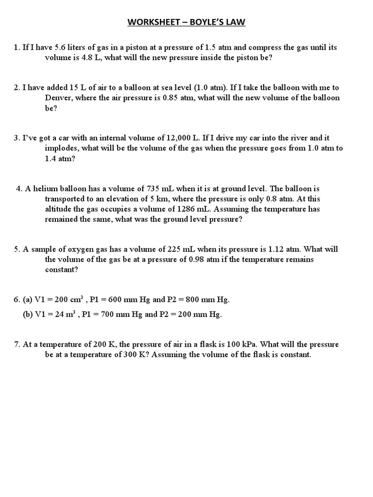 Worksheet - Boyle'S Law | PDF