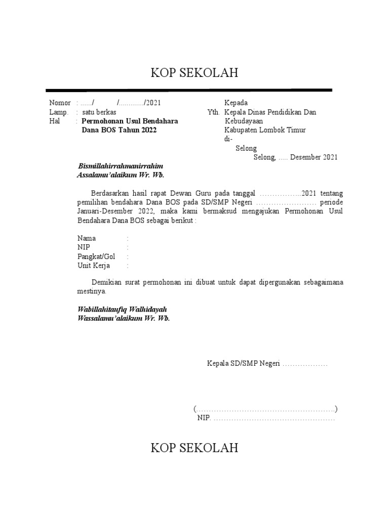 Contoh Lampiran Surat Usul Bendahara Bos 2022 | PDF