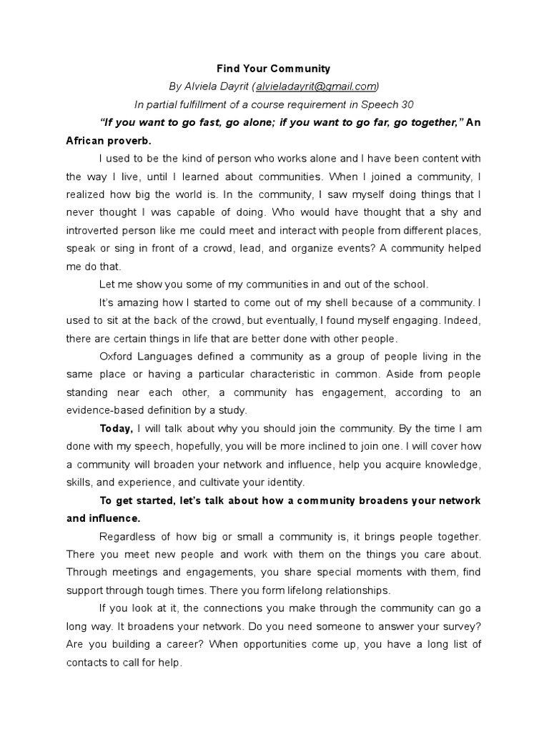 Why You Should Find Your Community Speech | PDF | Community | Learning