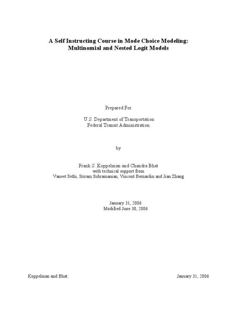 A Self Instructing Course In Mode Choice Modeling Multinomial And