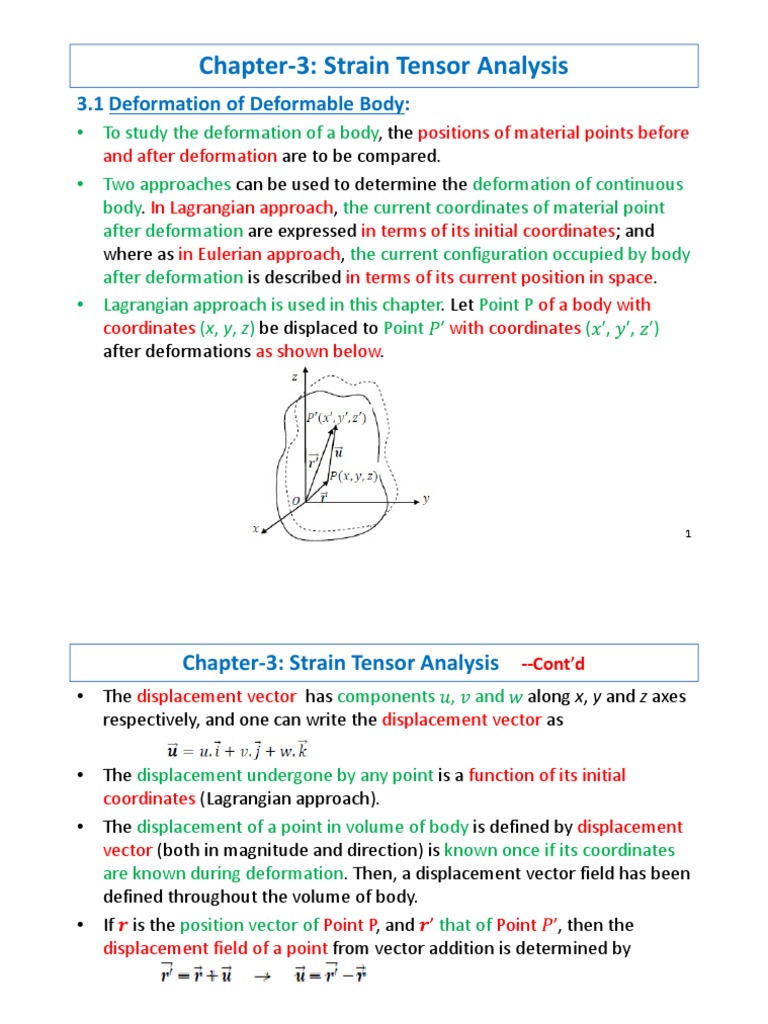Strain Tensor Analysis - Chapter 3 Summary | PDF | Stress (Mechanics) | Continuum Mechanics