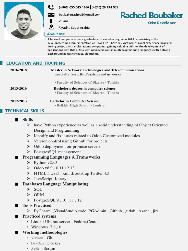 Rached Boubaker: Odoo Developer | PDF | Postgre Sql | Software Engineering