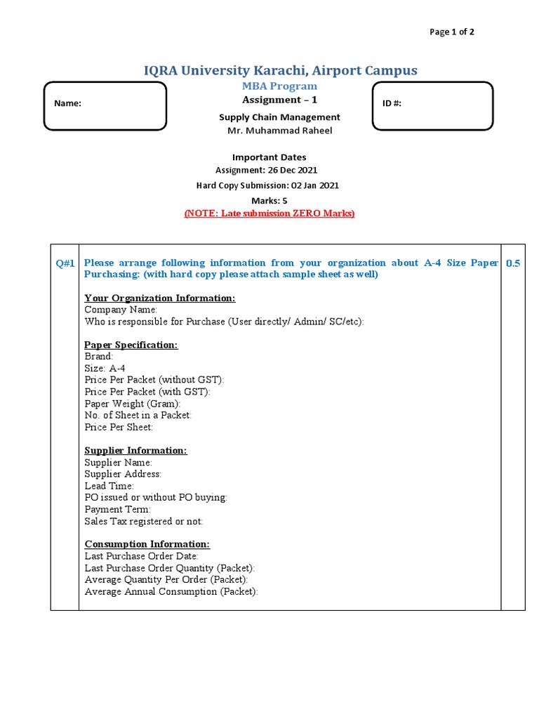 IQRA University Karachi, Airport Campus: Assignment - 1 Supply Chain ...
