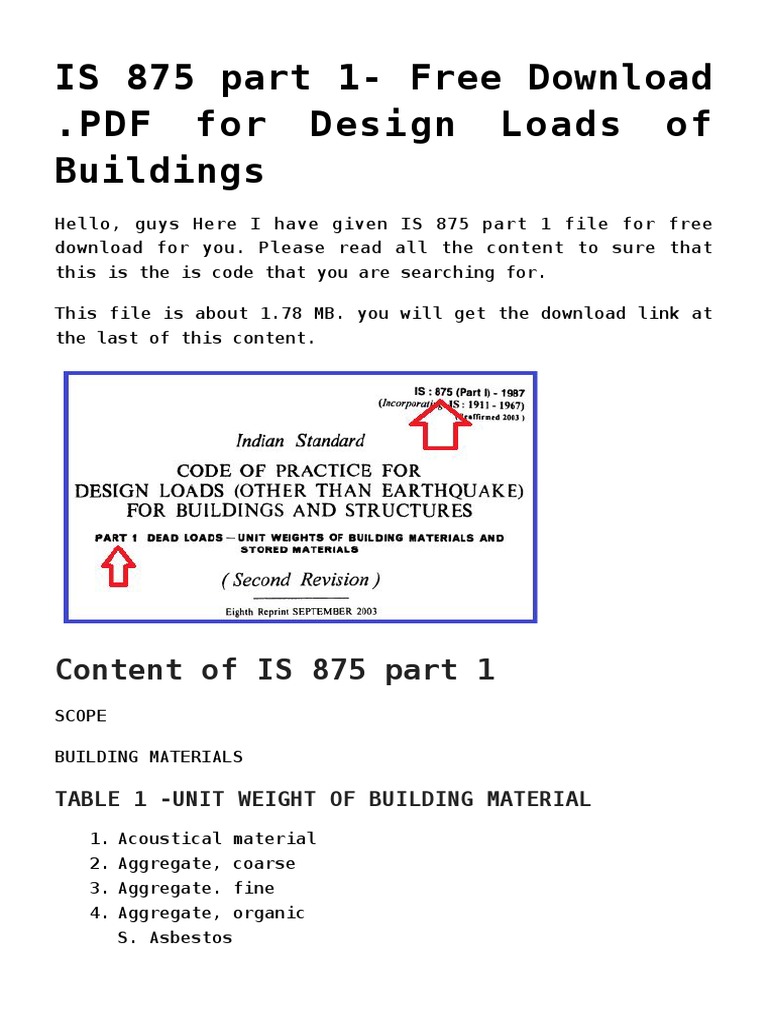 A Concise Guide to the Contents and Download Link for IS 875 Part 1 - Design Loads for Buildings ...