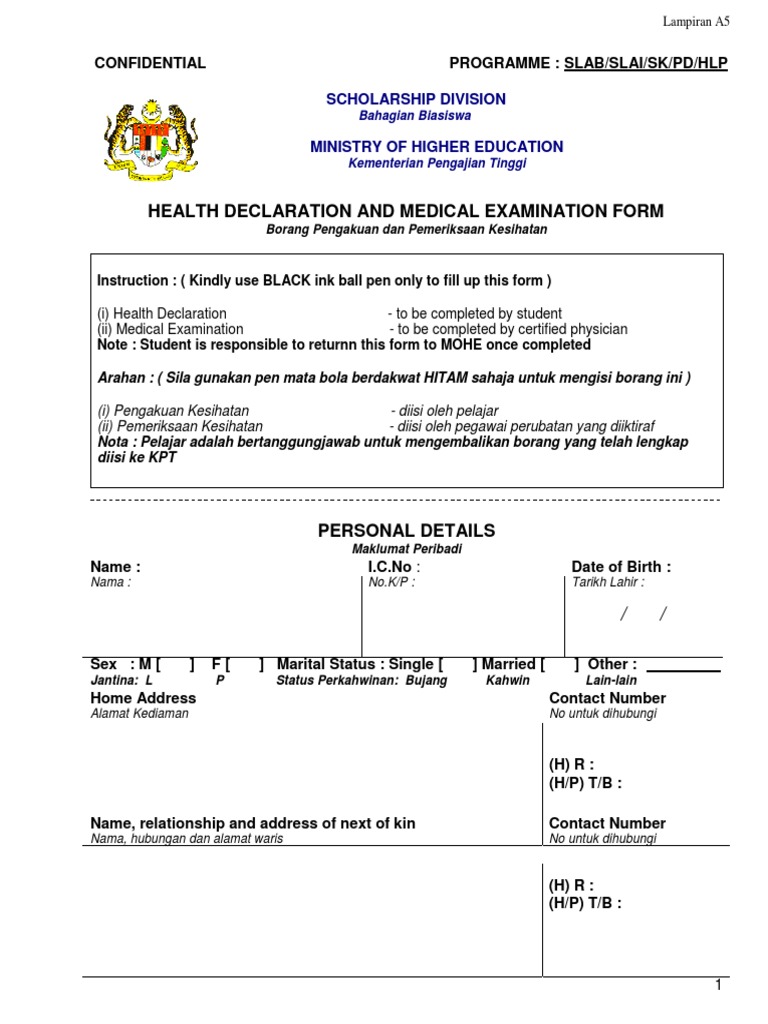 Health Declaration and Medical Examination Form: Scholarship Division ...