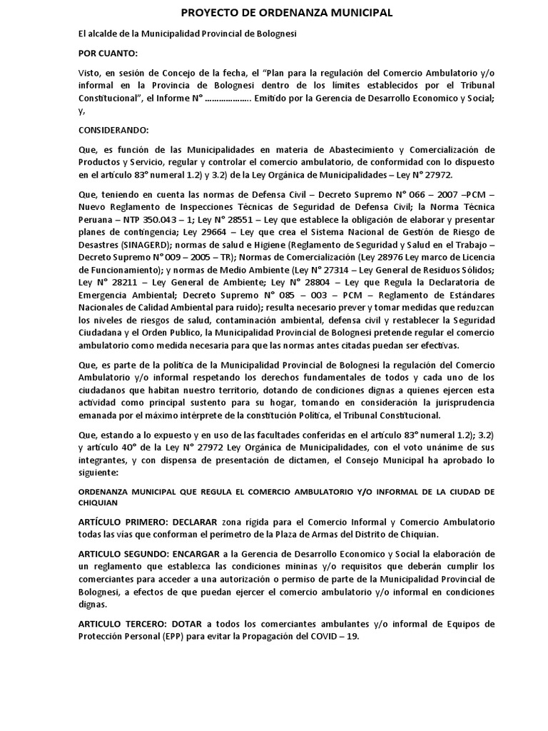 Proyecto de Ordenanza Municipal | PDF | Defensa Civil | Gobierno