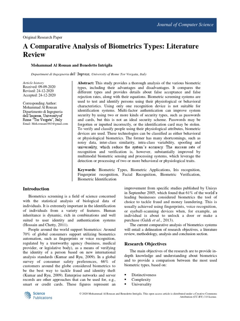 A Comparative Analysis Of Biometrics Types Literature Review Pdf