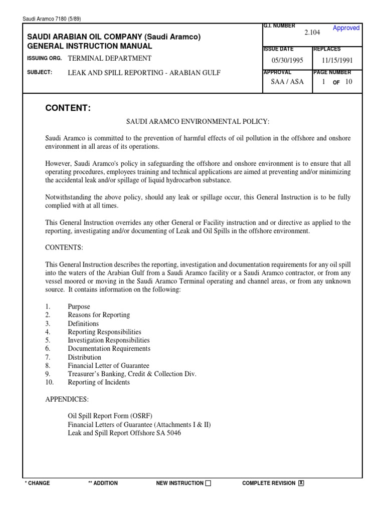 Leak and Spill Reporting Guidelines | PDF | Oil Spill | Saudi Arabia