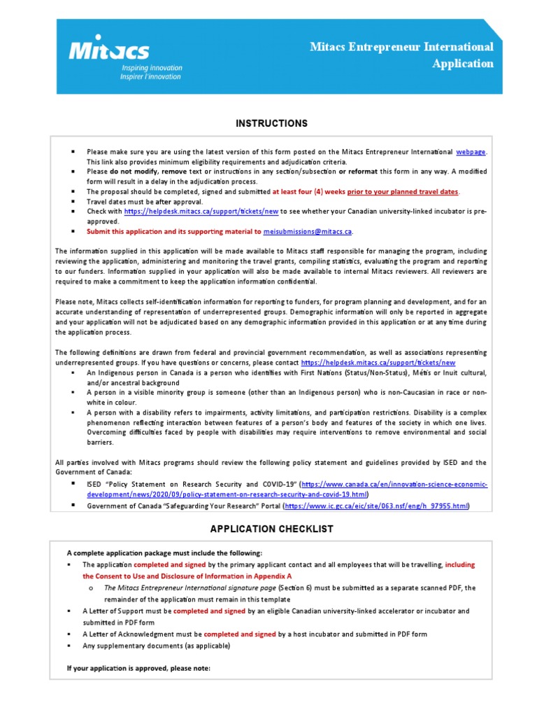 Mitacs Entrepreneur International Application: Instructions | PDF ...