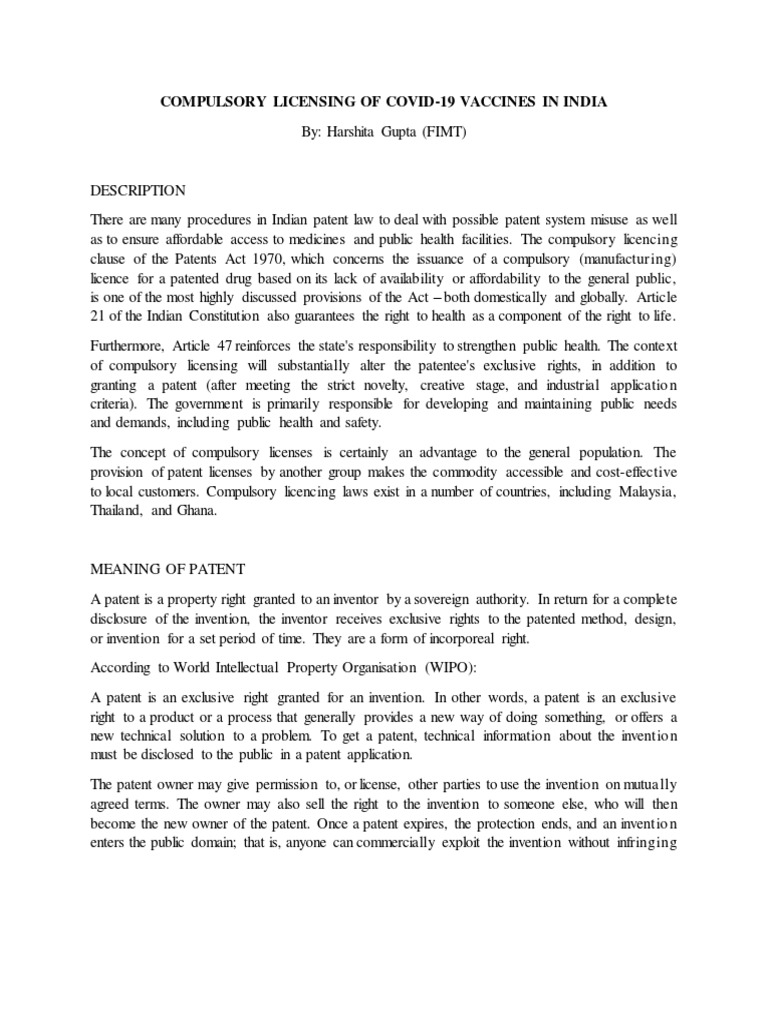 Compulsory Licensing | PDF | Patent | Glossary Of Patent Law Terms