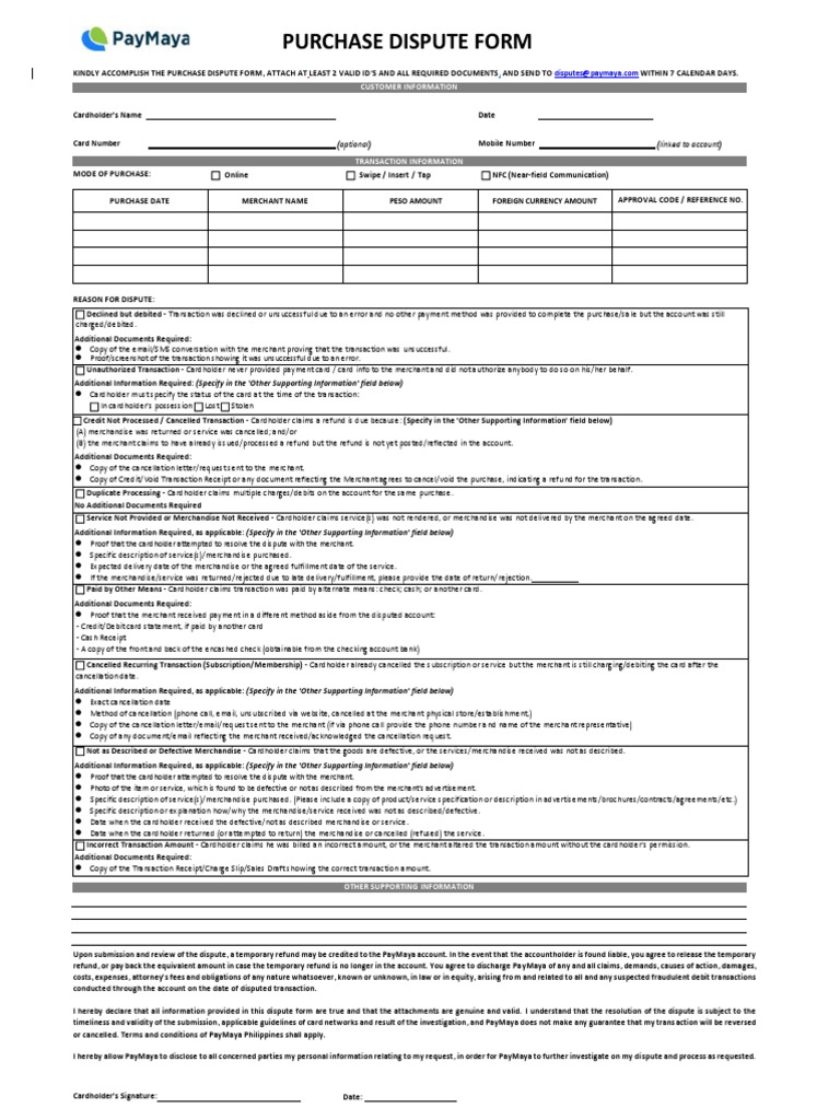 Purchase Dispute Form: Customer Information | PDF | Debit Card ...