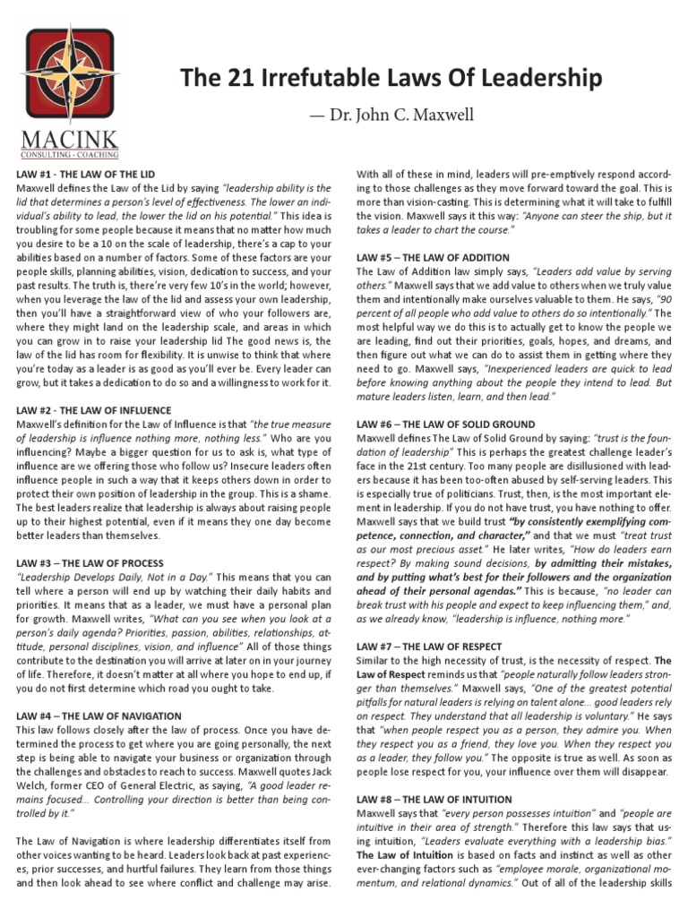 21 Irrefutable Laws of Leadership | PDF | Leadership