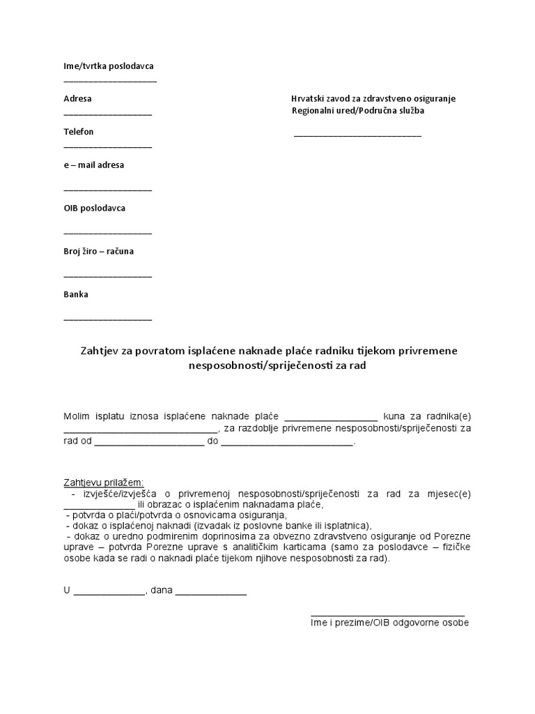 ZAHTJEV ZA POVRATOM ISPLAĆENE NAKNADE PLAĆE_0 | PDF