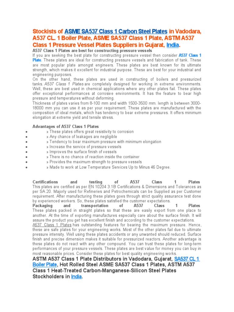 Stockists of in Vadodara, A537 CL. 1 Boiler Plate, ASME SA537 Class 1 ...