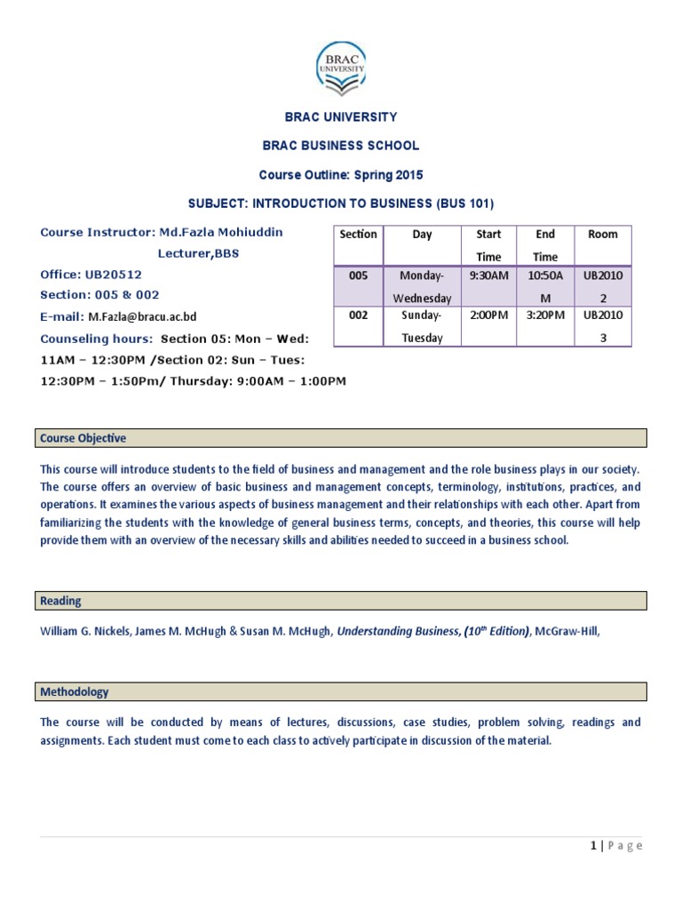 Brac University Brac Business School Course Outline: Spring 2015 Subject: Introduction To ...