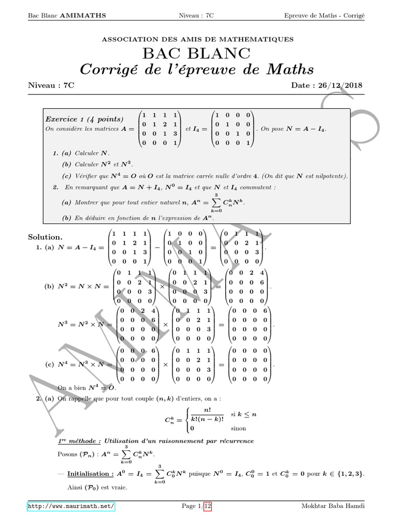 Corrigé Bac Blanc Maths 7C 2018 | PDF | Nombre complexe | Triangle
