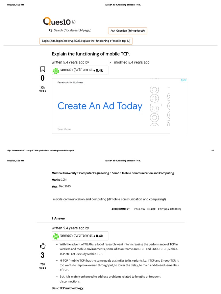 Explain The Functioning of Mobile TCP | PDF | Transmission Control ...