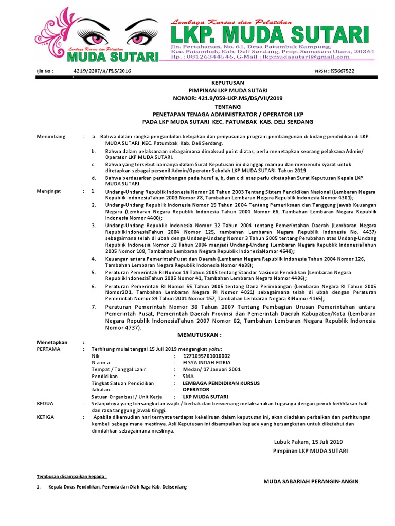 Contoh SK Operator Lembaga Kursus | PDF