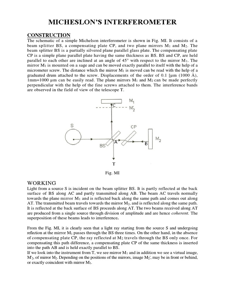 Micheslon'S Interferometer: Construction | PDF | Interferometry | Mirror
