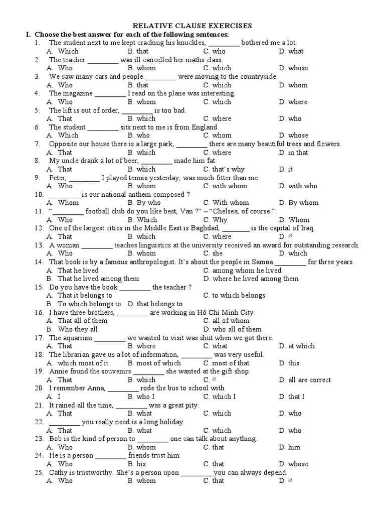 RELATIVE CLAUSE EXERCISES -trắc nghiệm | PDF