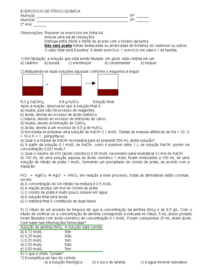 Exercícios De Físico Química Pdf Ácido Solução
